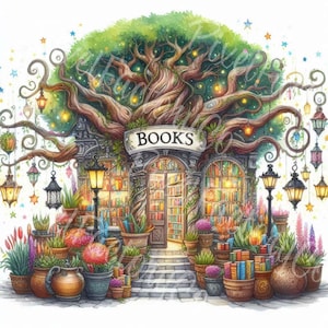 Fairy Tale Bookstore Clipart: Enchanted Library Illustration (JPG ...