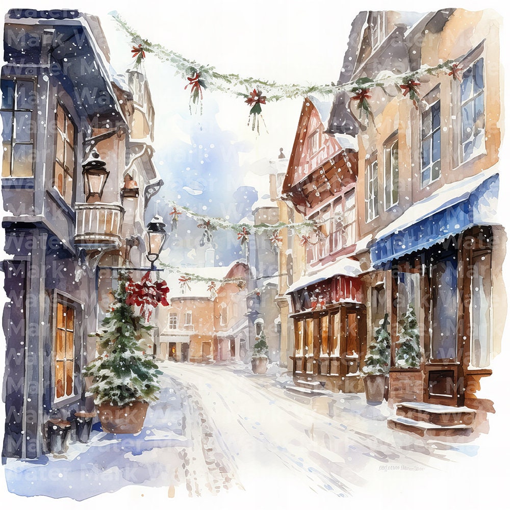 Watercolor Christmas Street Clipart: Winter Townscape (digital Download ...