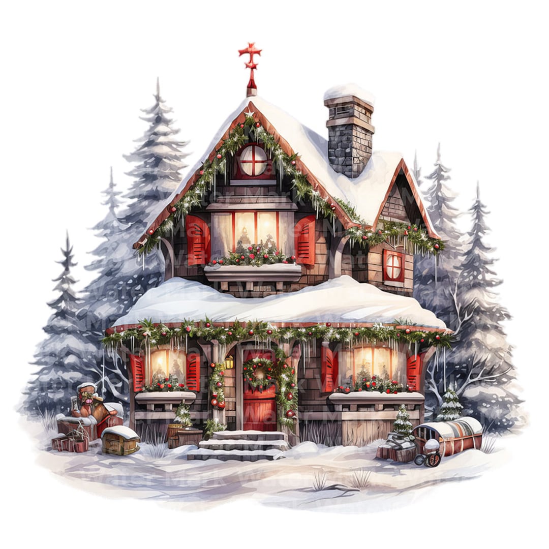 Christmas House Watercolor Clipart, 12 JPG, Winter Hous , Winter ...