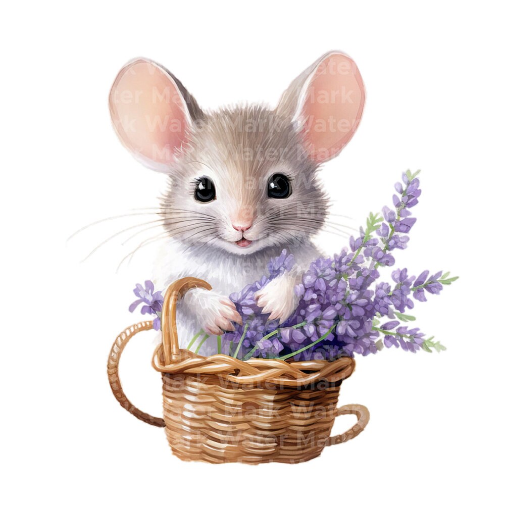 Mouse With Lavender Clipart, 11 Jpg, Watercolor Mouse Clipart, Digital ...