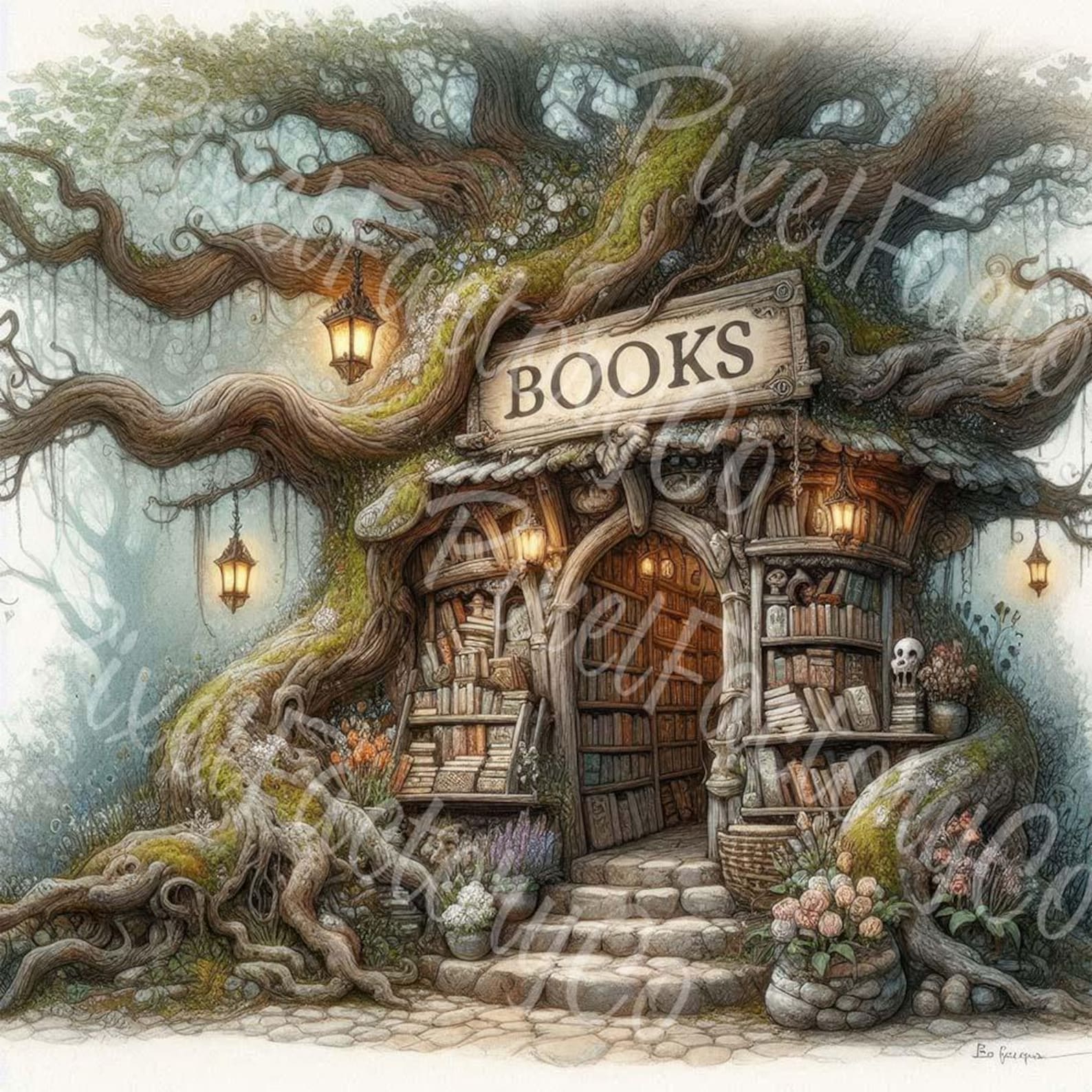 Fantasy Tree Bookstore Clipart: Enchanted Library Art (12 JPG Digital ...