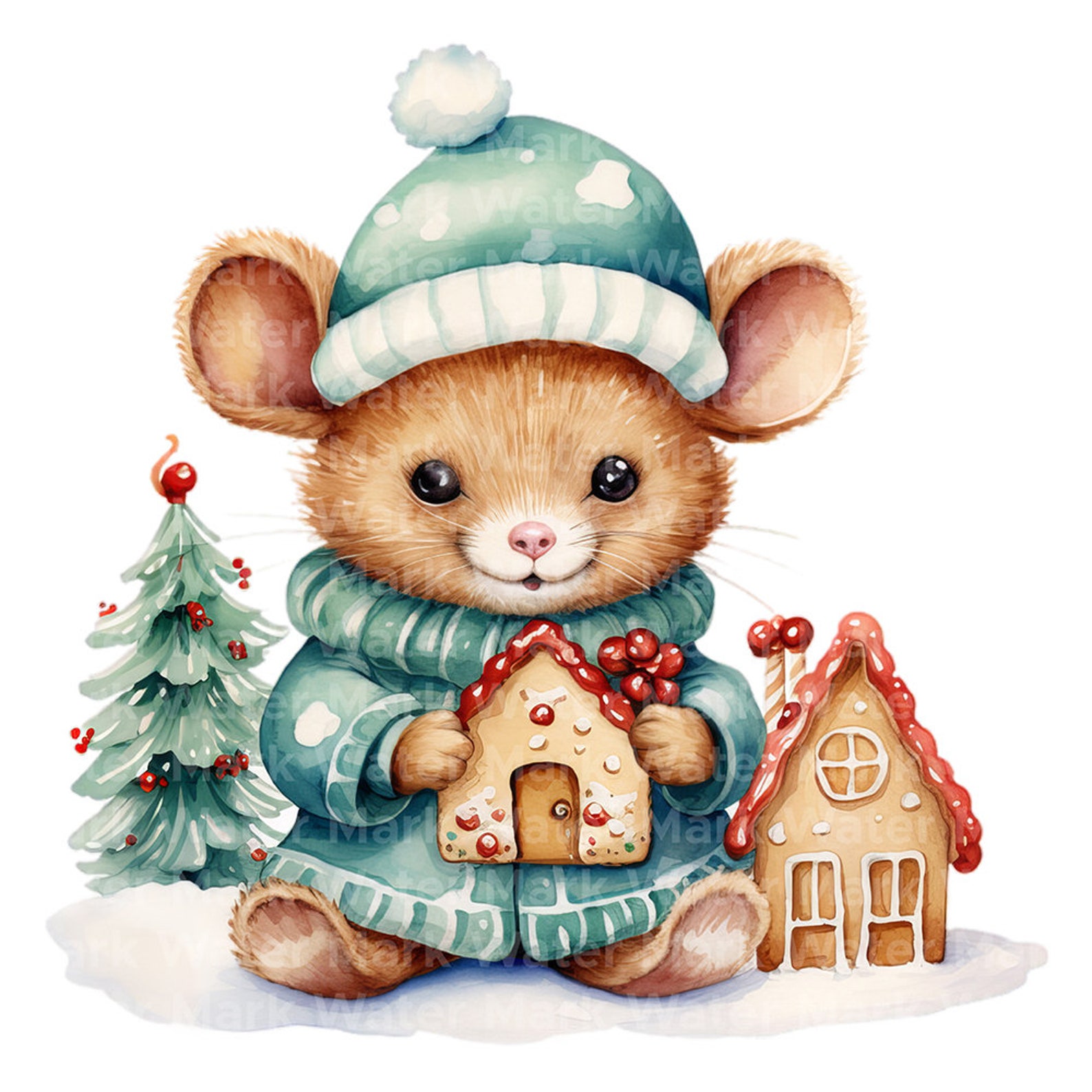 Christmas Mouse Watercolor Clipart: Mistletoe, Cookie (digital Download ...