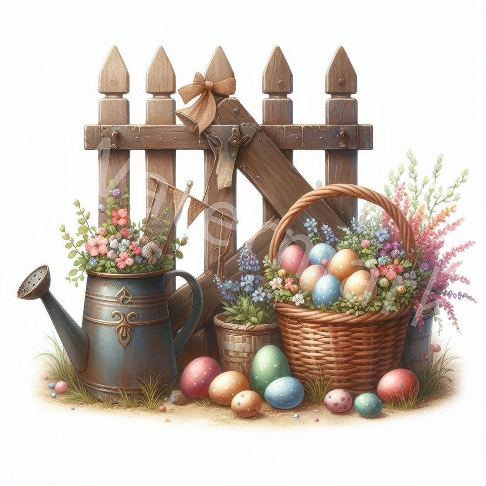 Easter Garden Clipart: Bunny, Eggs, Gate (digital Download) - Etsy
