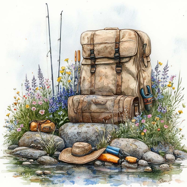 Watercolor Fishing Clipart Set: Rods, Fish, & Gear (JPG Digital ...