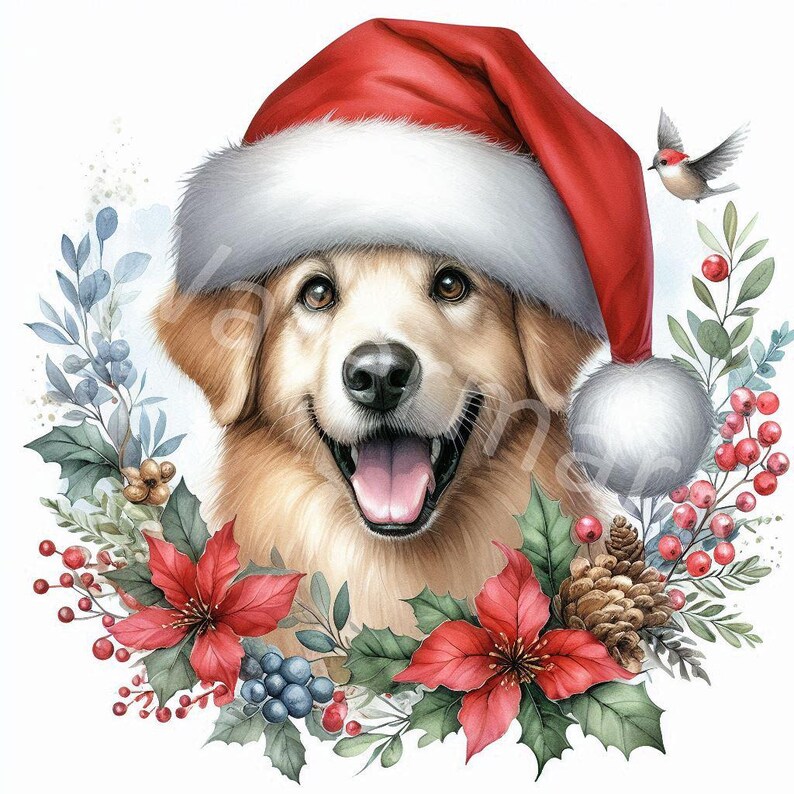 Christmas Animals Clipart: Watercolor Pets in Santa Hat (digital ...