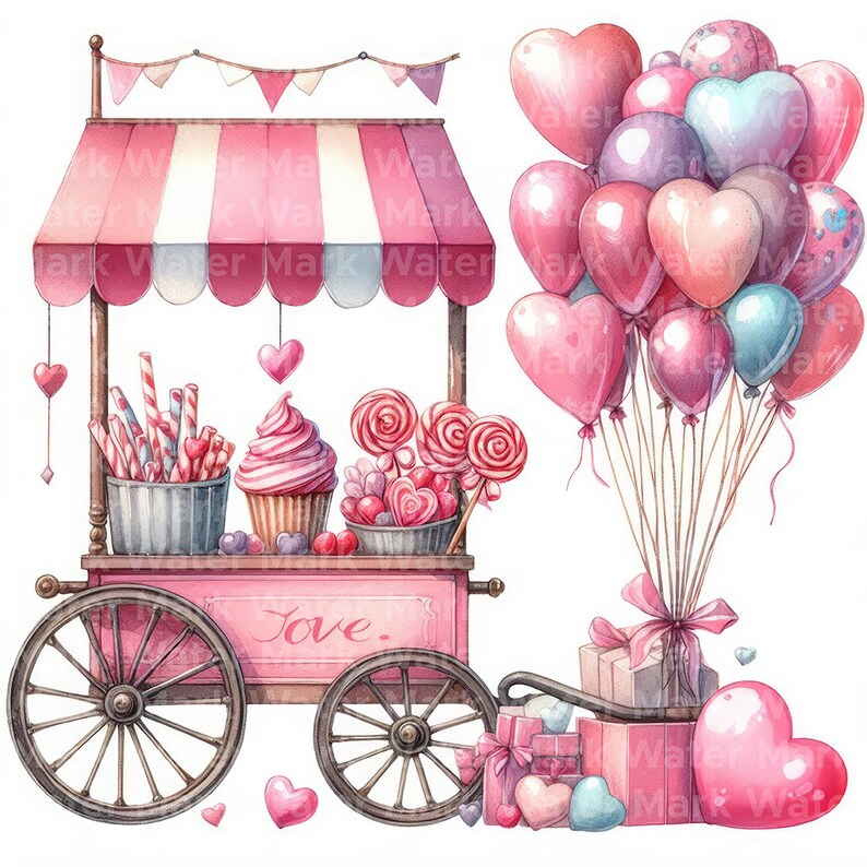 Valentine's Day Candy Cart Clipart: Watercolor Sweets (digital Download ...