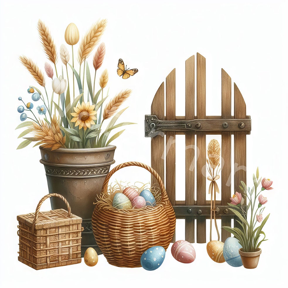 Easter Garden Clipart, 11 JPG, Digital Download, Garden Gate, Bunny and ...