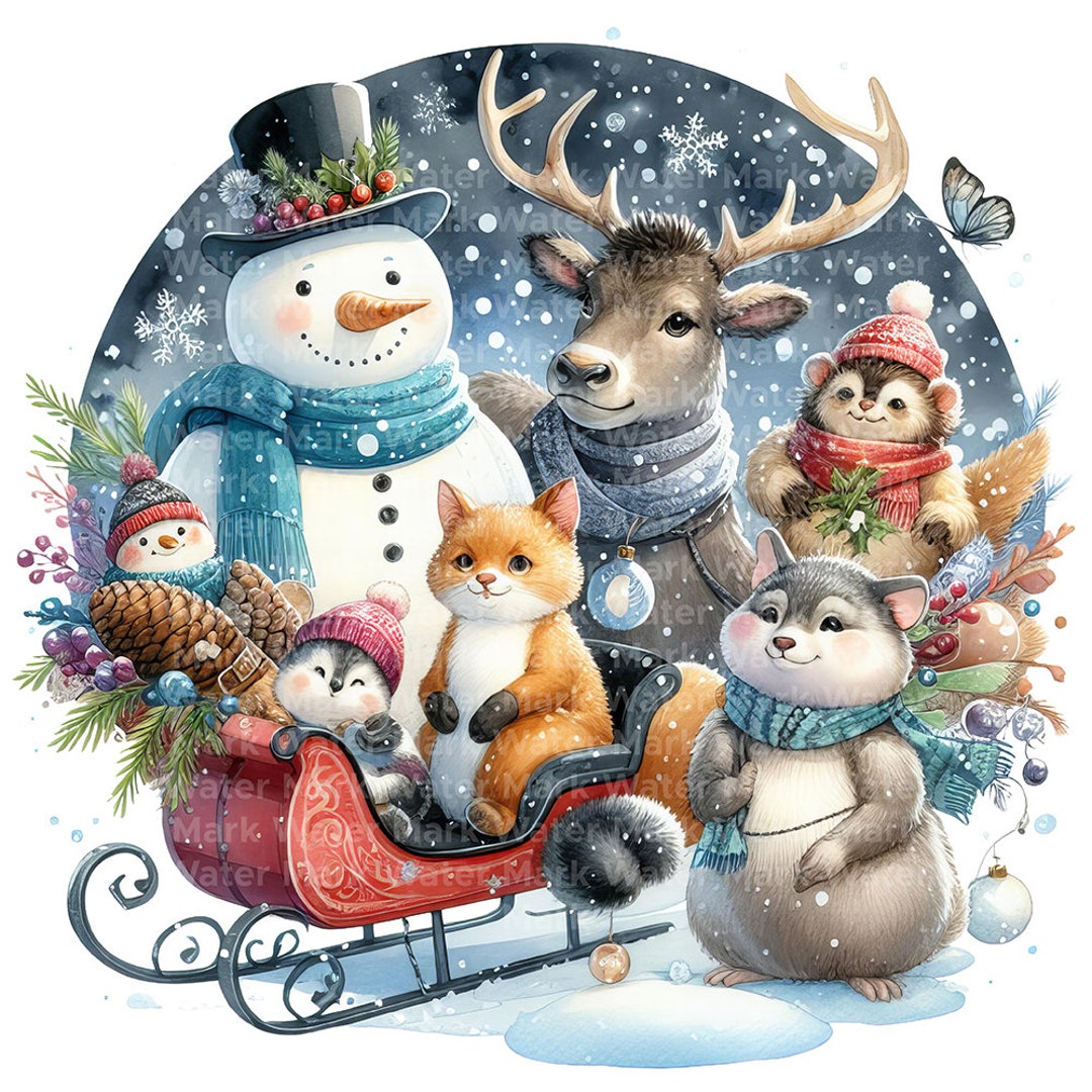 Watercolor Christmas Clipart: Snowman & Animals Pngs (digital Download ...