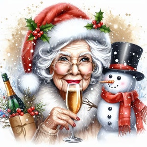 Christmas Old Lady Clipart: Elegant Grandma With Snowman (JPG Digital ...