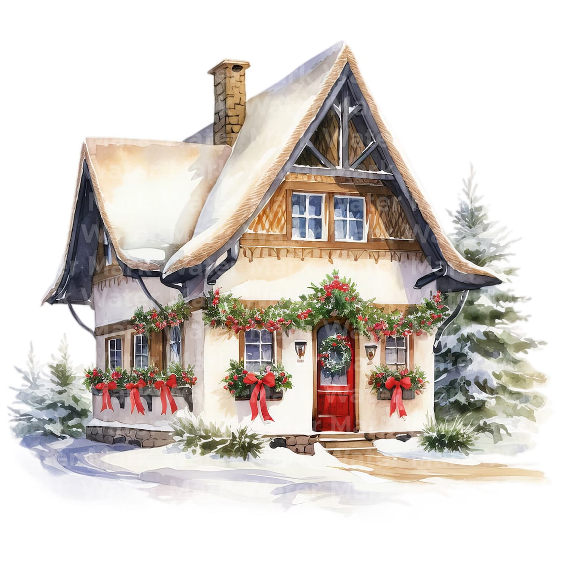 Christmas House Clipart, 9 Jpg, Watercolor Clipart, Christmas Decorated ...