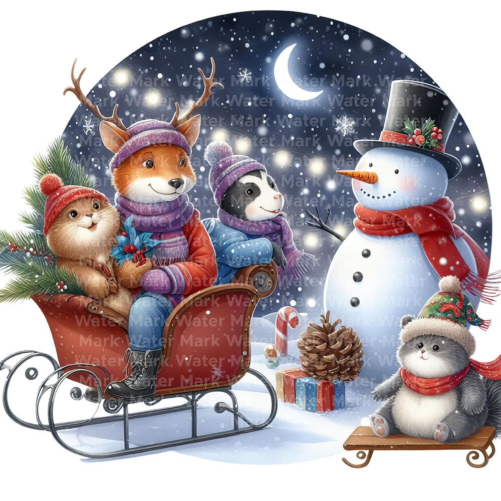 Watercolor Christmas Clipart: Snowman & Animals Pngs (digital Download ...