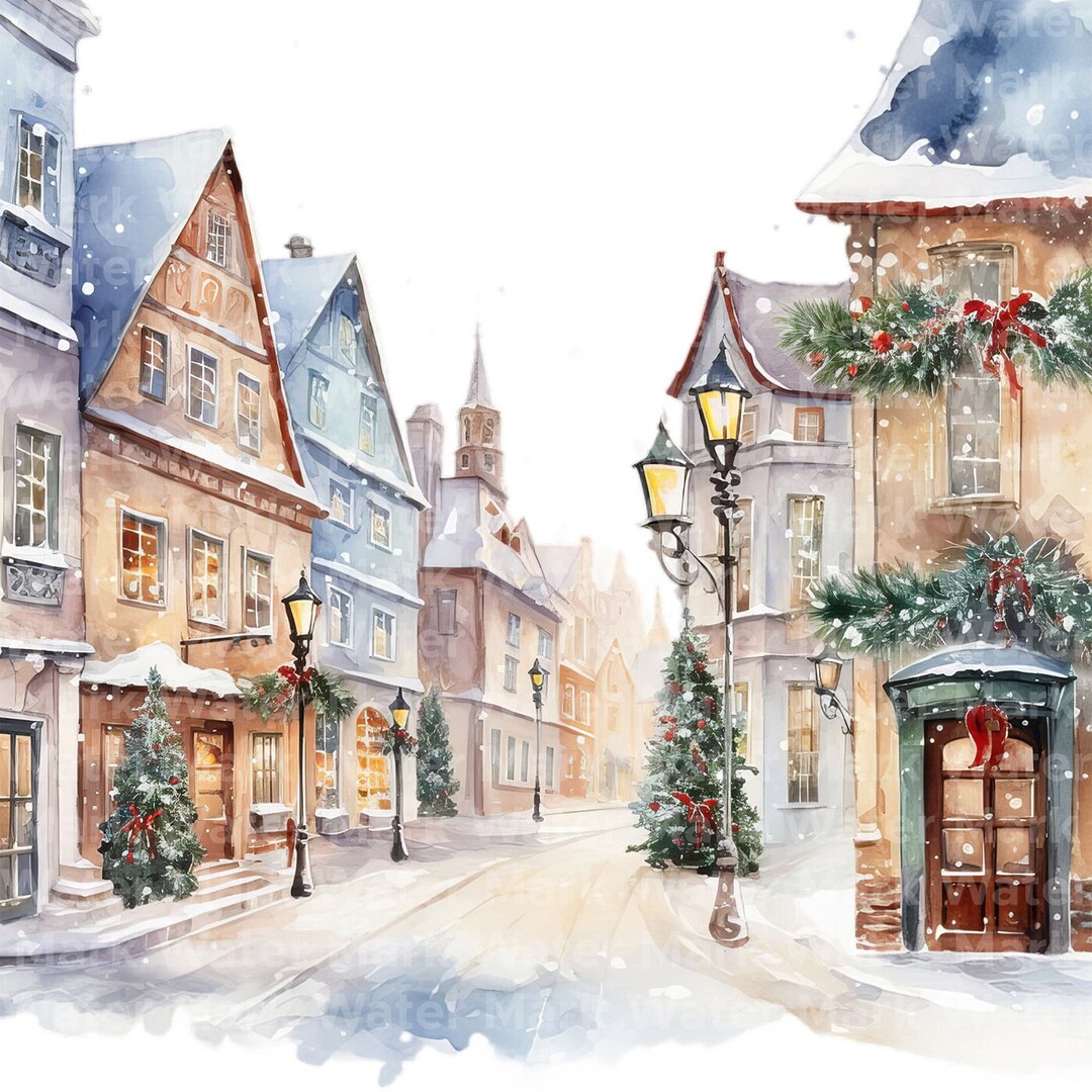 Watercolor Christmas Street Clipart: Winter Townscape (digital Download ...