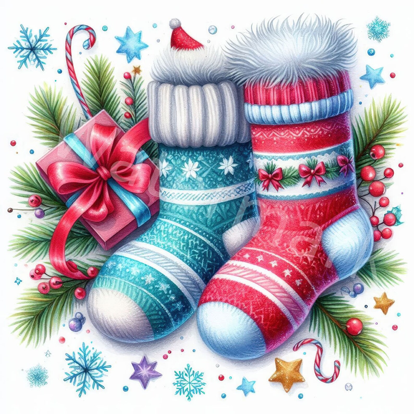 Watercolor Christmas Socks Clipart: Holiday Scrapbooking (digital ...