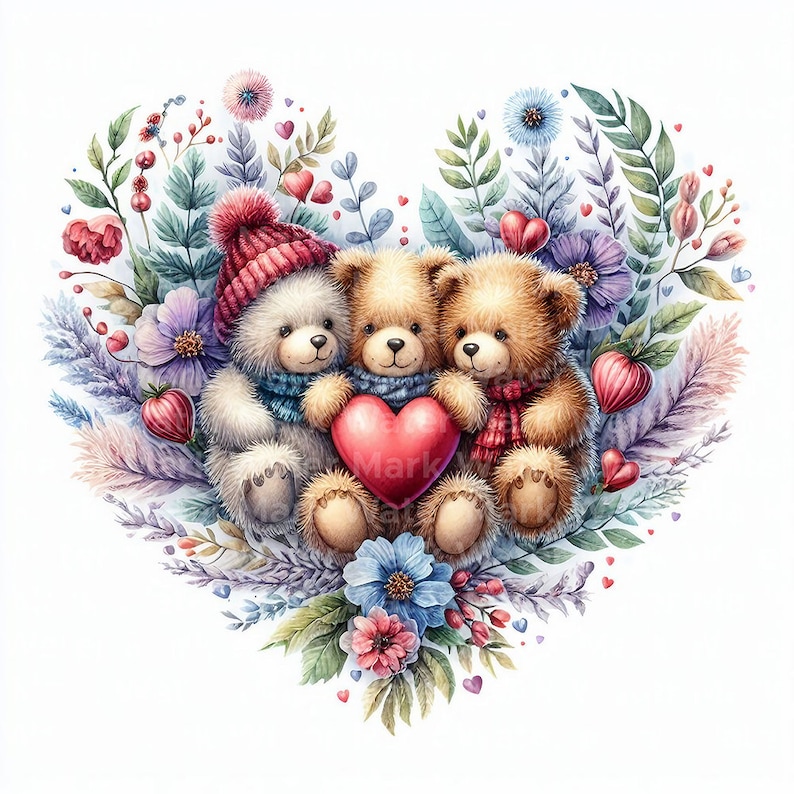 Valentine's Day Teddy Bear Heart Clipart: Watercolor JPG (digital ...
