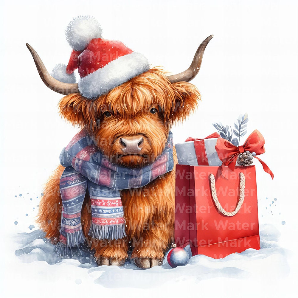 Watercolor Christmas Highland Cow Clipart: Holiday Card Making (digital ...