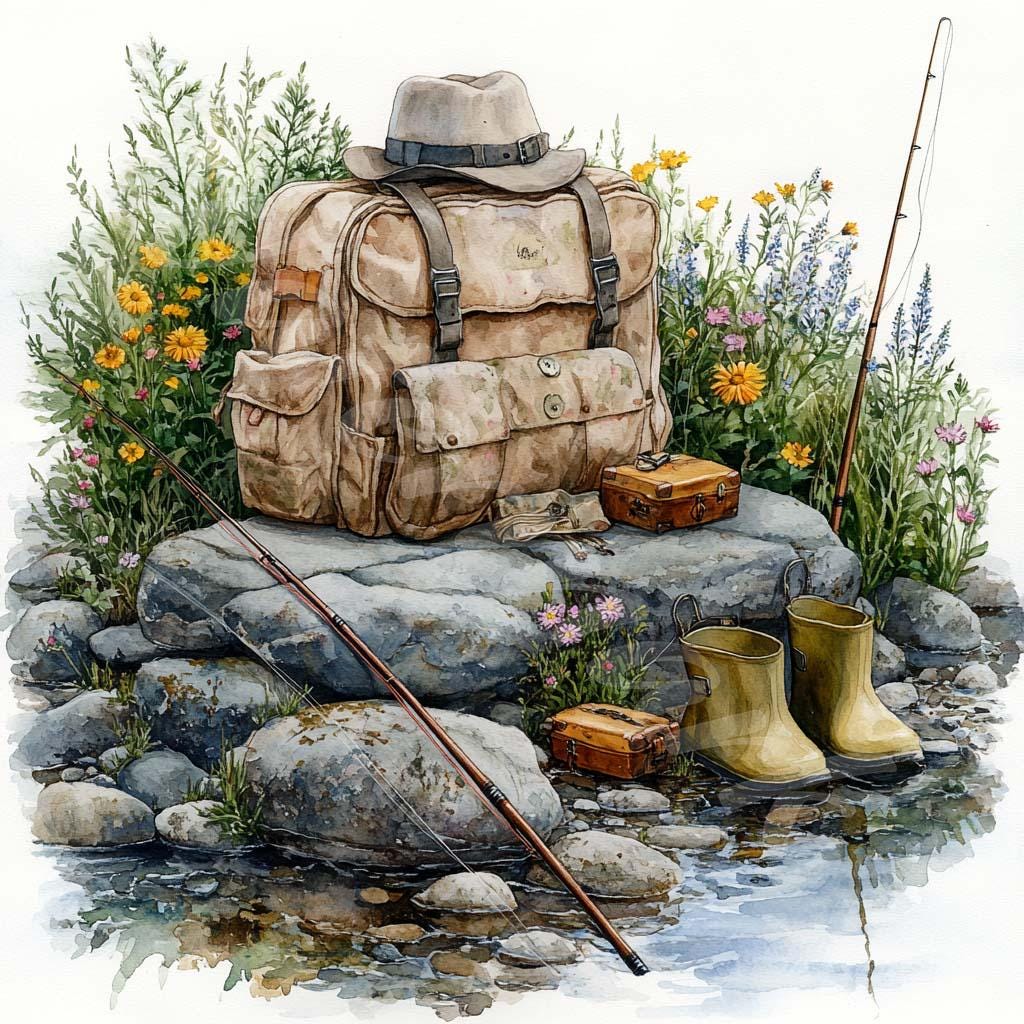 Watercolor Fishing Clipart Set: Rods, Fish, & Gear (JPG Digital ...