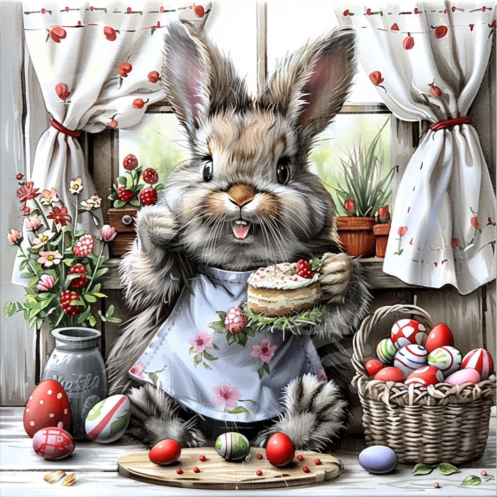 Watercolor Easter Bunny Clipart: Baking Cake, Painting Eggs (digital ...