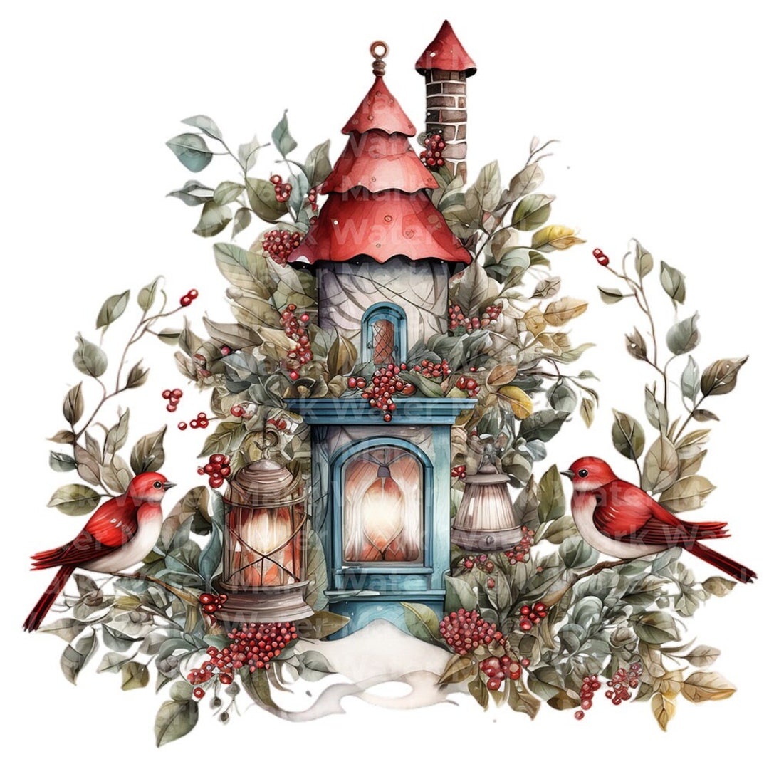 Christmas Bird Clipart, 8JPG, Watercolor Clipart, Bird in the House ...