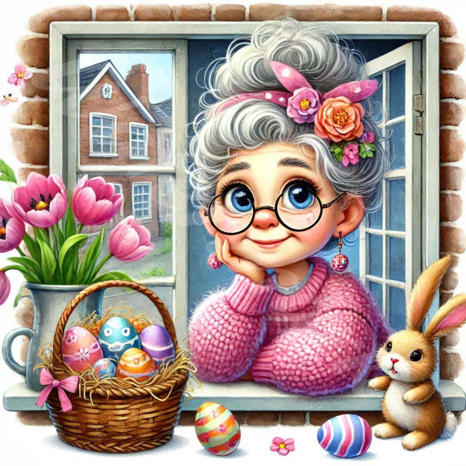 Funny Easter Grandma Clipart: Easter Eggs & Tulips (digital Download ...