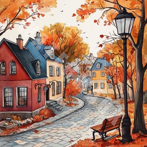 Autumn Street Watercolor Clipart: Fall City Landscape (digital Download ...