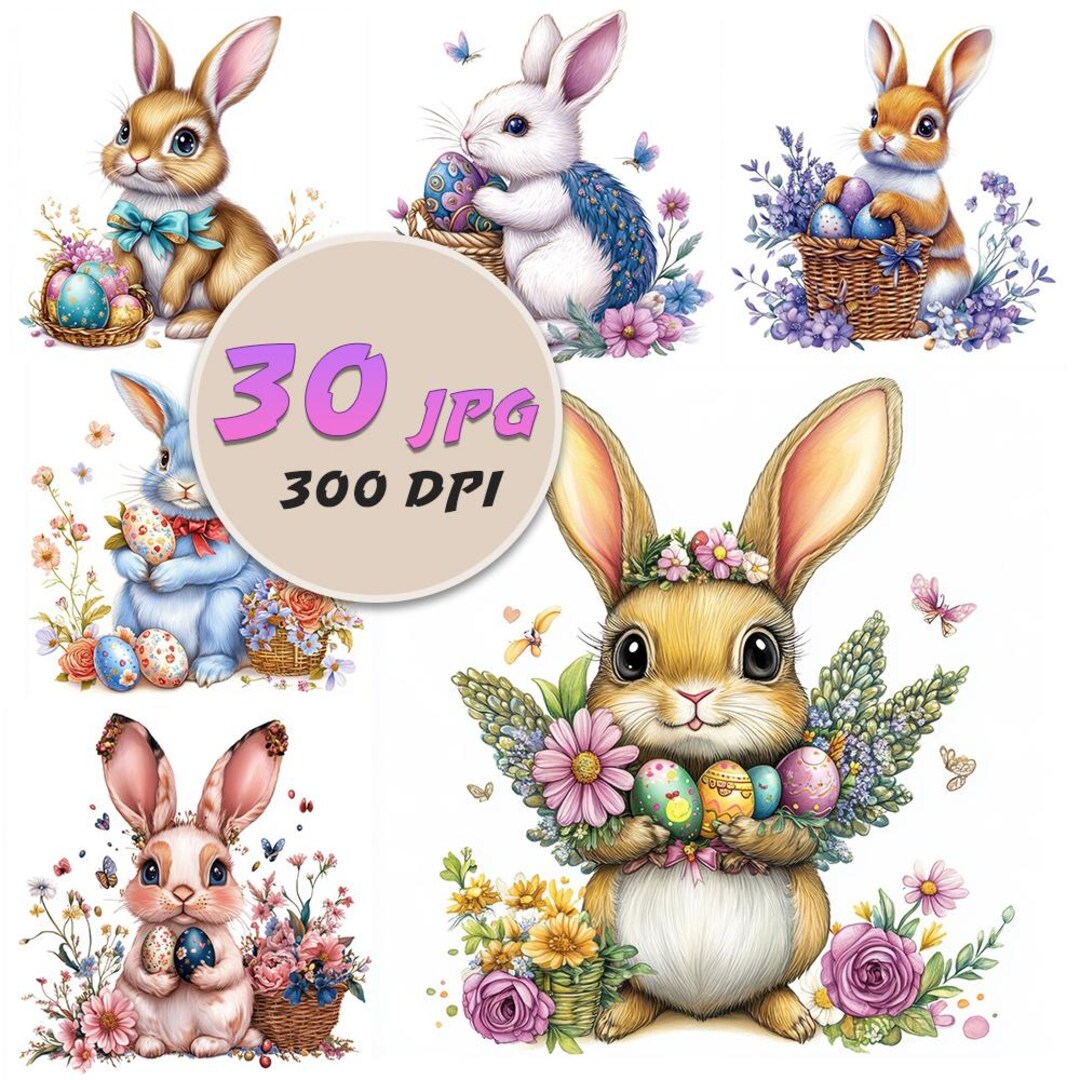 Easter Bunny Clipart Cute Rabbit With Basket Spring Flowers Digital ...