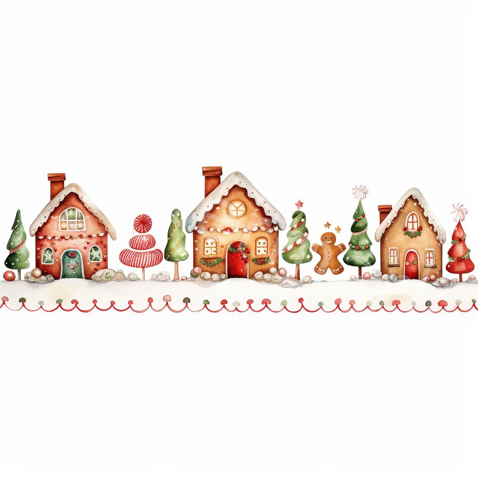 Christmas Borders Clipart: Watercolor Gingerbread House Garlands ...