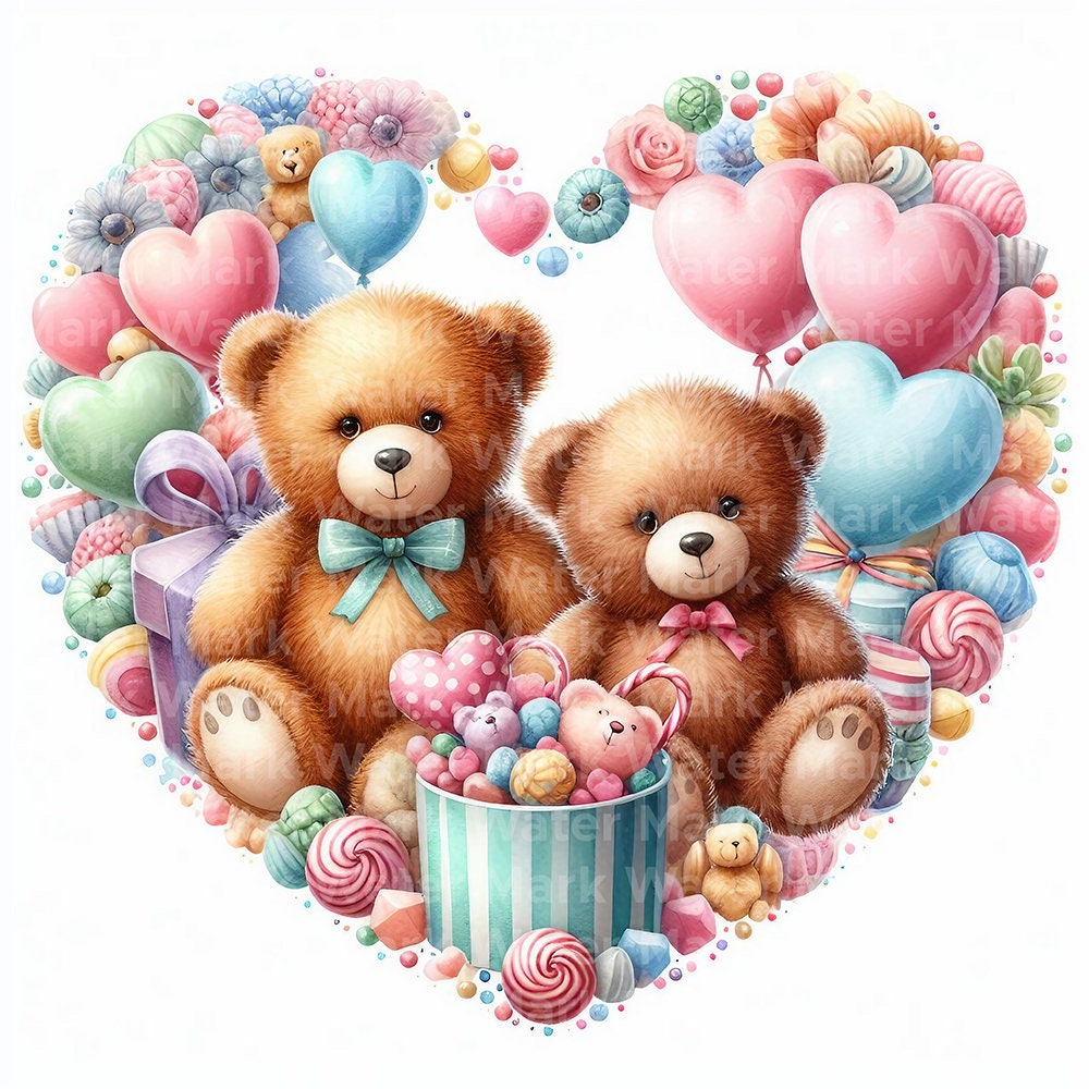 Valentine's Day Heart Clipart, 12 JPG, Teddy Bears in Love, Digital ...