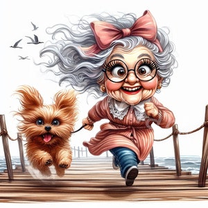 Grandma and Dog Clipart: Watercolor People Illustrations (digital ...