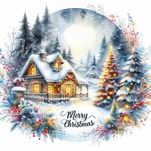 Watercolor Christmas Clipart: Holiday Landscape Scene (JPG Digital ...