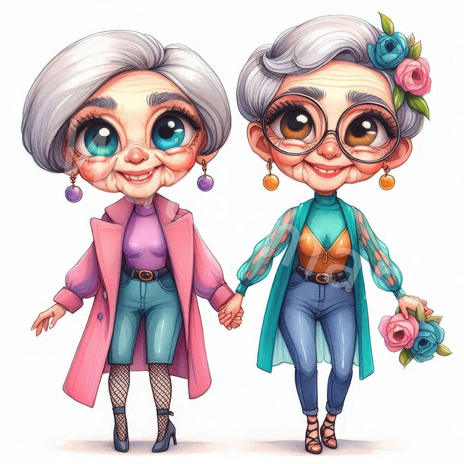 Fashionable Senior Women Clipart: Watercolor Friends Graphics (digital ...