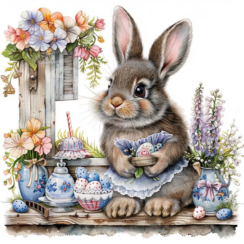 Watercolor Easter Bunny Clipart: Spring Flowers, Eggs (digital Download ...