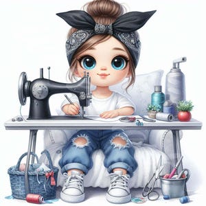 Funny Girl Clipart, Digital Download, Quirky Crazy Girl and Sewing ...