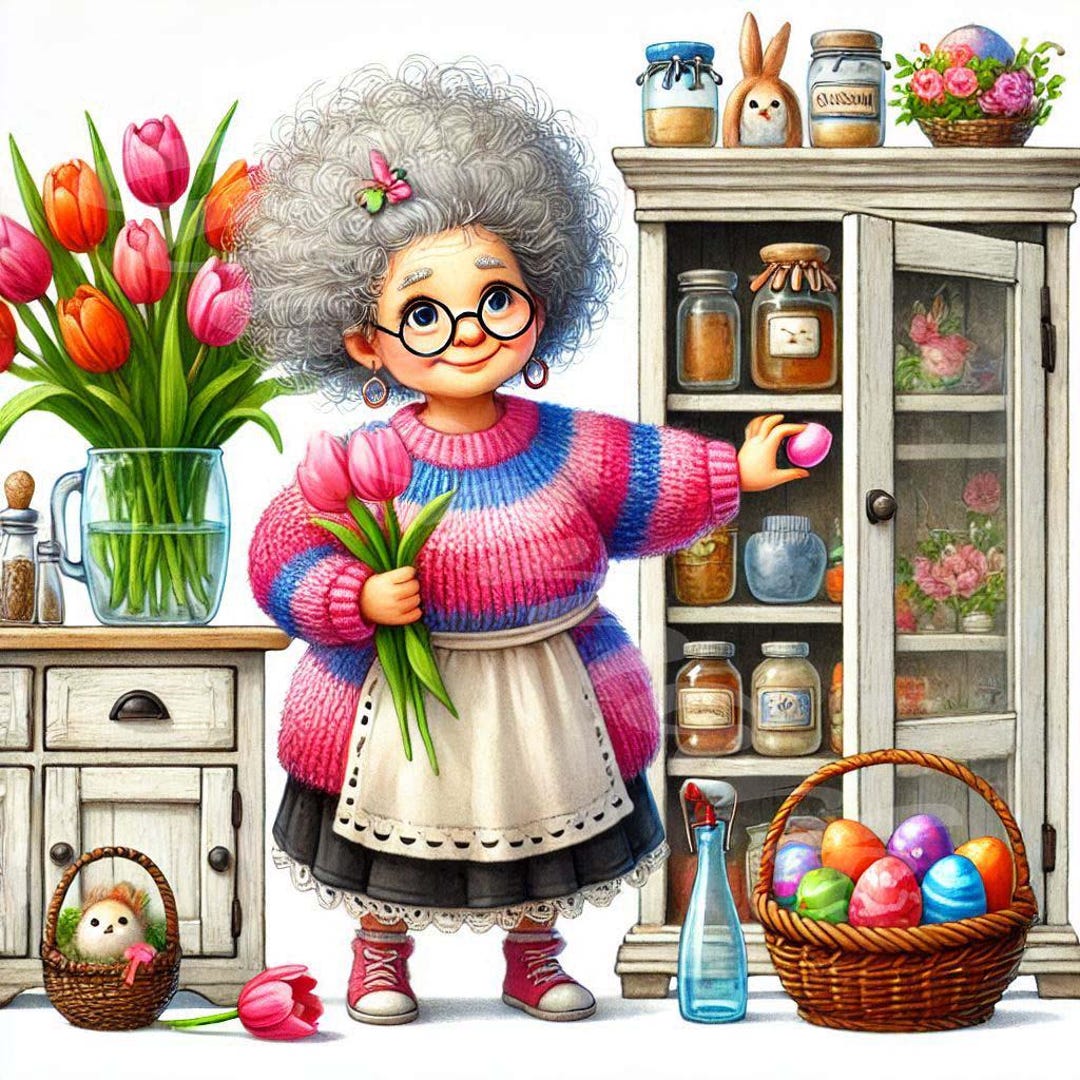 Easter Old Lady Clipart, 12JPG Funny Grandma, Easter Eggs, Cat, Easter ...
