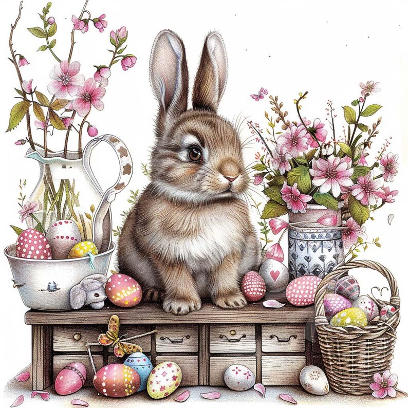Watercolor Easter Bunny Clipart: Spring Flowers, Eggs (digital Download ...