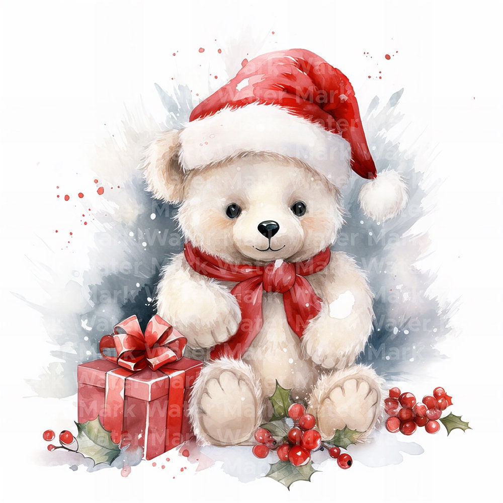 Christmas Teddy Bear Clipart, 12 JPG, Watercolor Clipart, Christmas ...