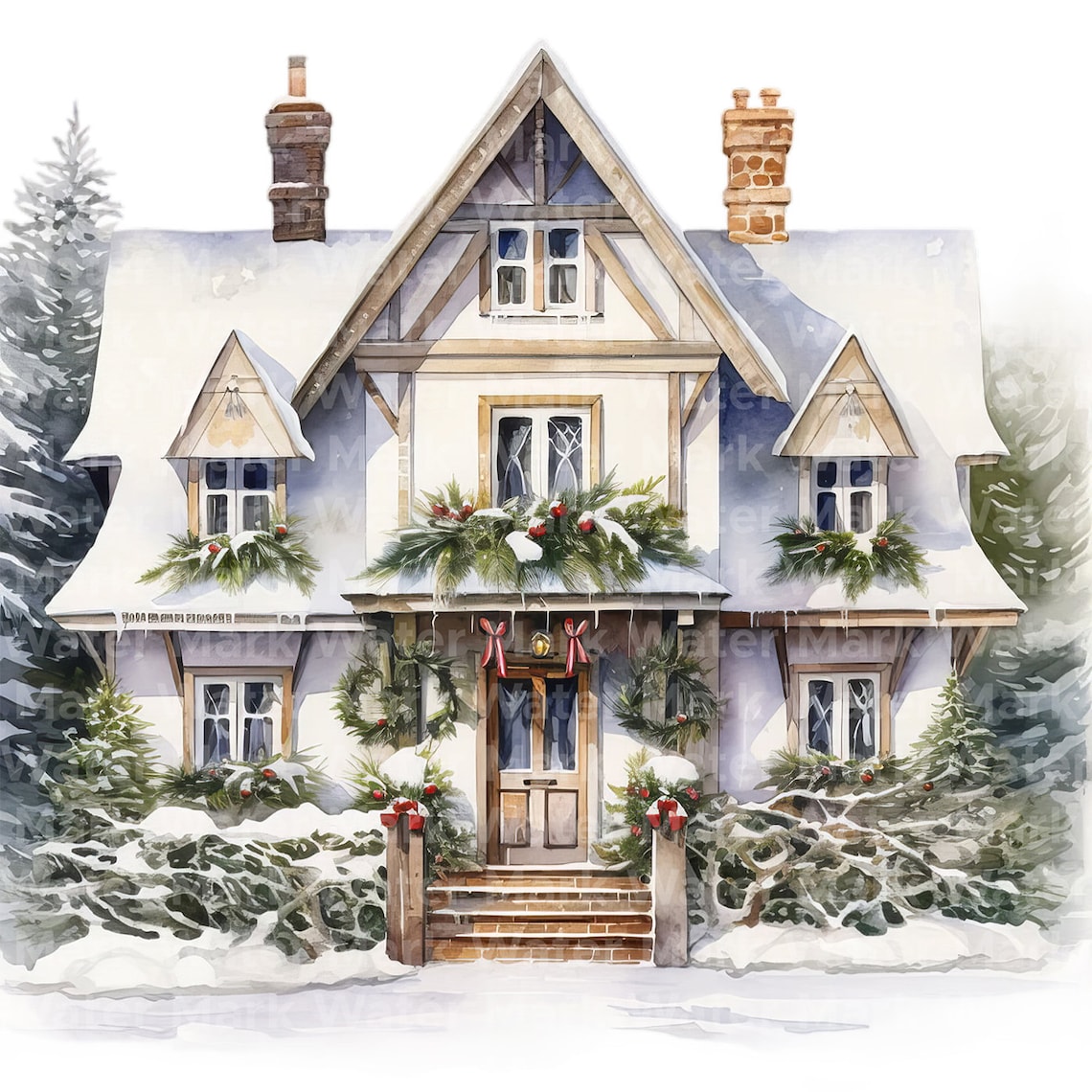 Christmas House Clipart, 9 Jpg, Watercolor Clipart, Christmas Decorated ...