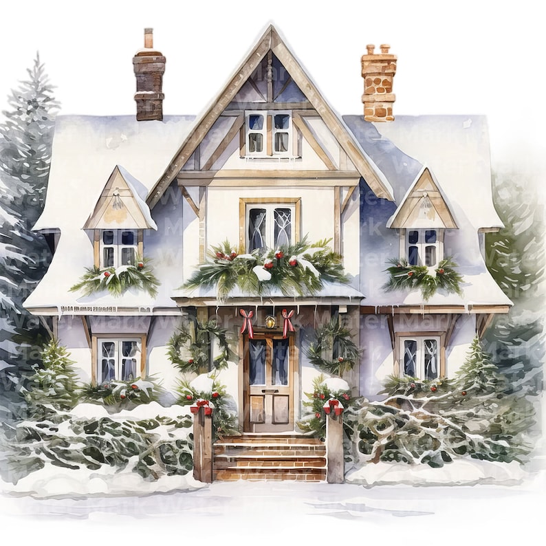 Christmas House Clipart, 9 Jpg, Watercolor Clipart, Christmas Decorated ...