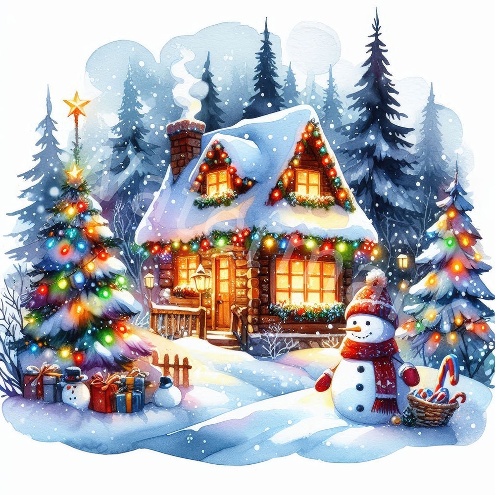 Christmas Snowman Watercolor Clipart: Holiday House, Tree (digital ...