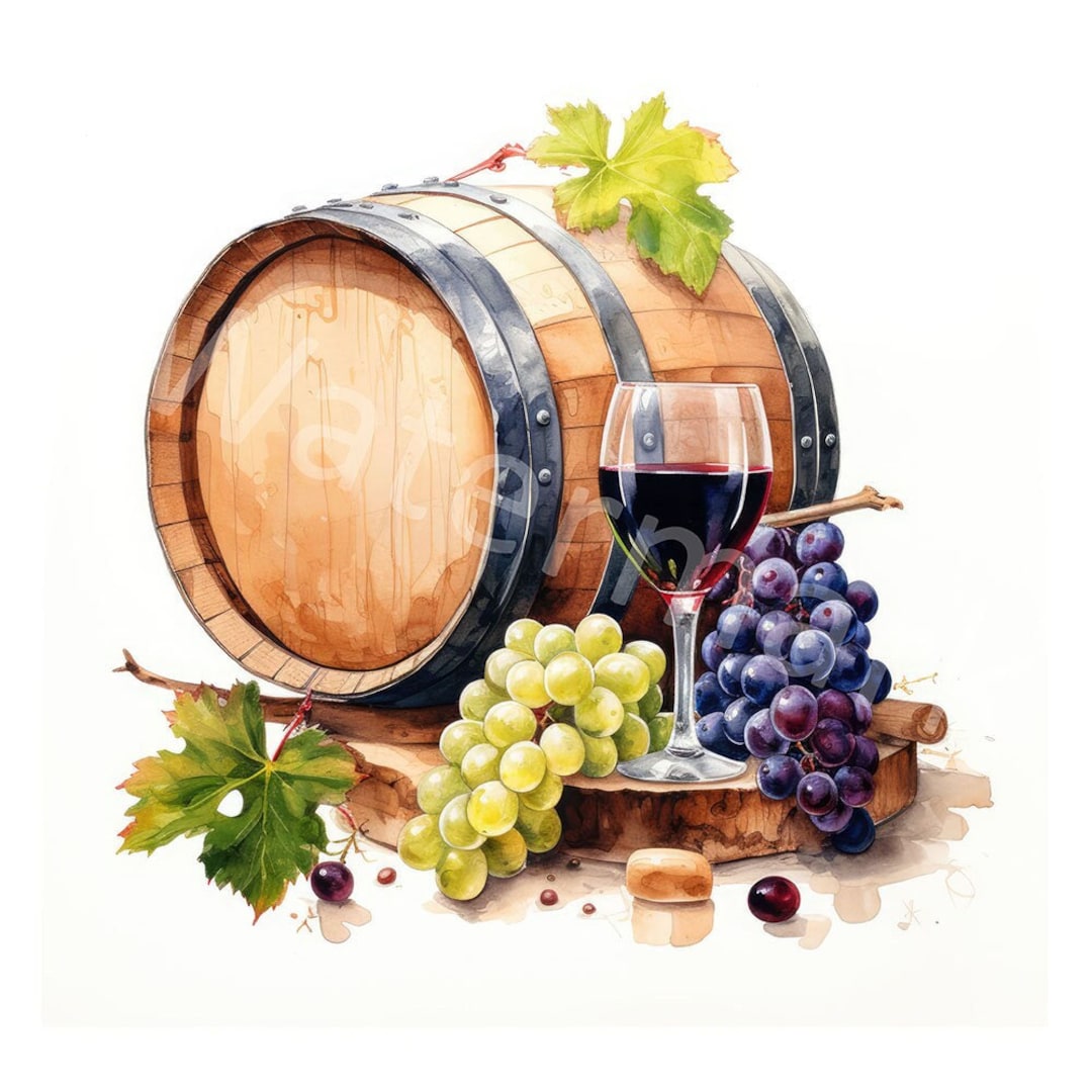 Watercolor Wine Barrel Clipart: Grapes, Barrel JPG Images (digital ...