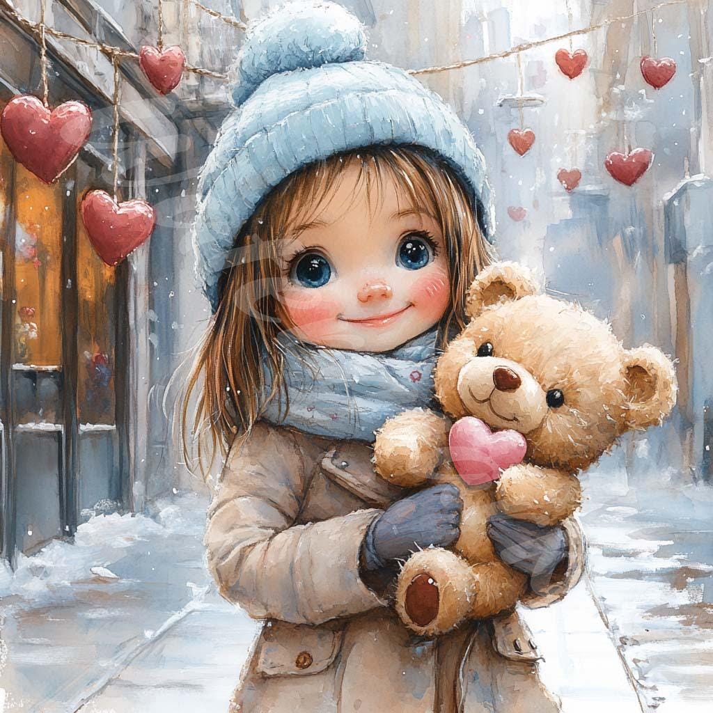 Valentine's Day Girl Clipart: Watercolor Teddy Bear, Heart Ornaments ...