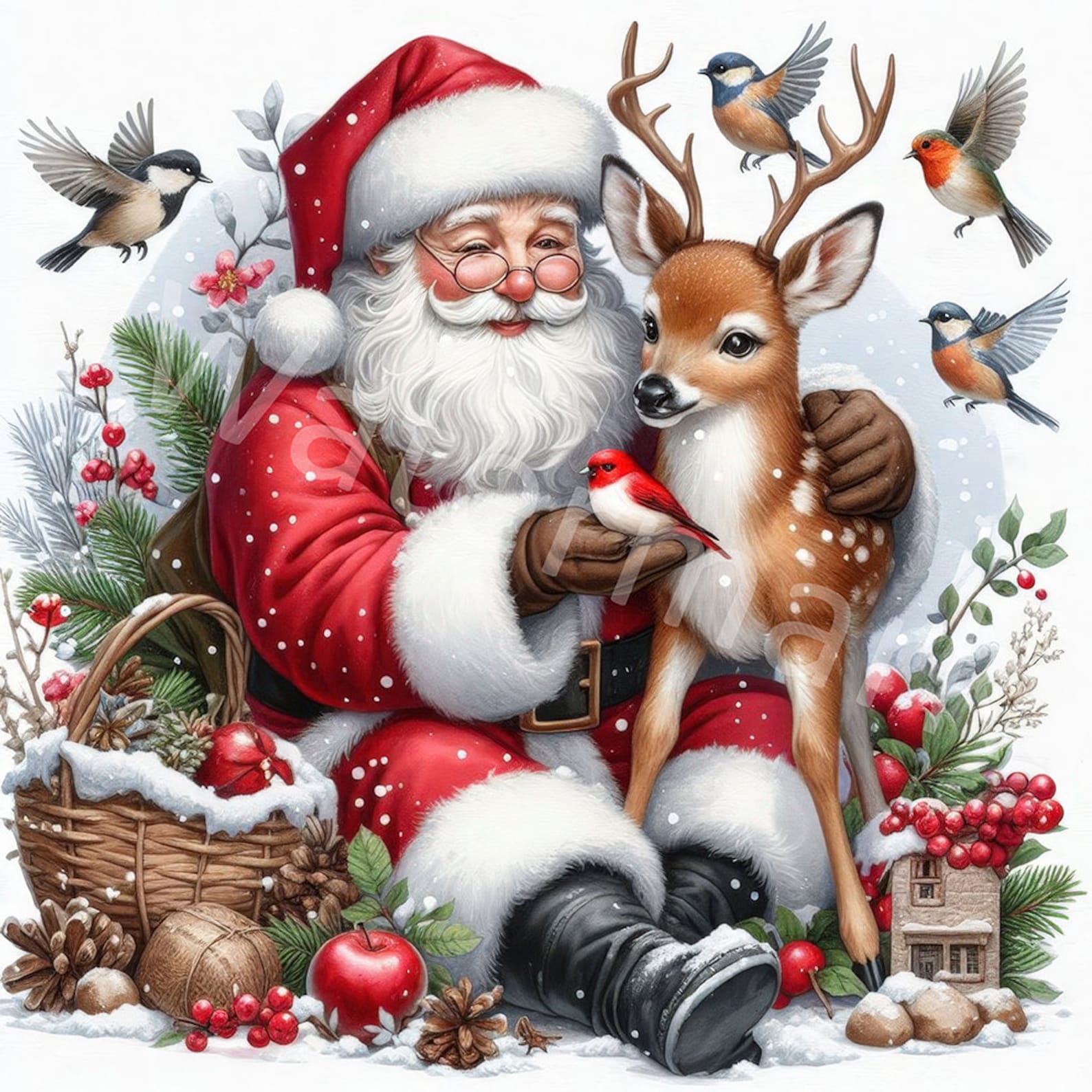Watercolor Santa Claus Clipart: Christmas Reindeer JPG (digital ...
