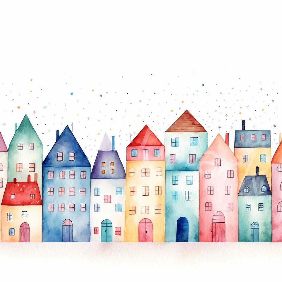 Border Colorful Houses Clipart, 12 JPG, Digital Download, Digital Paper ...