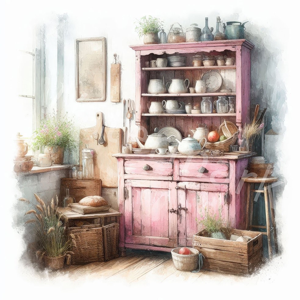 Watercolor Vintage Kitchen Clipart: Farmhouse Furniture (digital ...