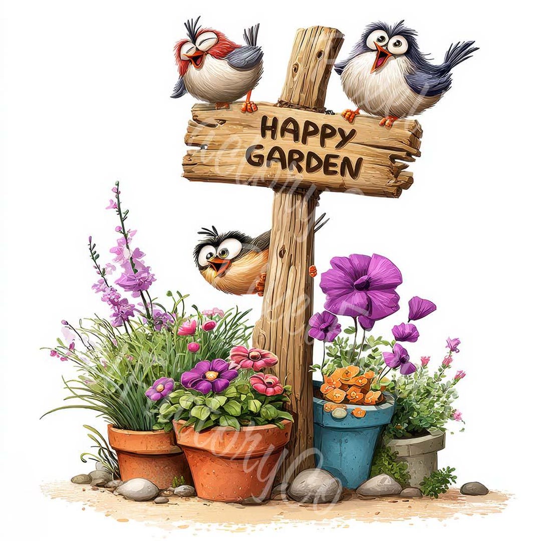 Happy Garden Clipart Set Cute Garden Sign With Vegetables Birds and ...