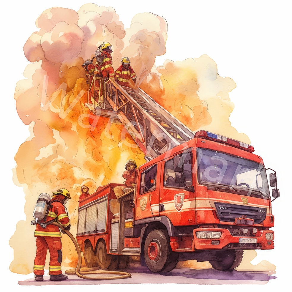 Firefighter Watercolor Clipart: Fire Truck Art (digital Download) - Etsy