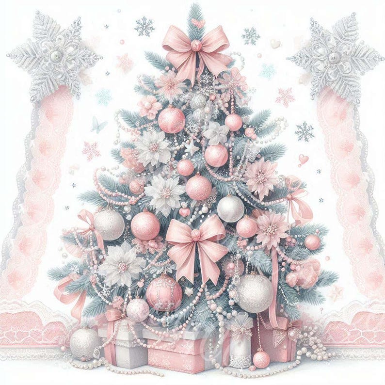 Vintage Christmas Tree Clipart, Pink Holiday Background, Digital Paper ...