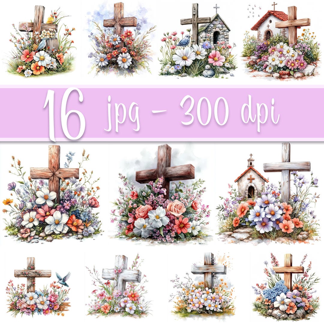 Watercolor Cross Clipart: Floral Church Scene, Easter Art (digital JPG ...