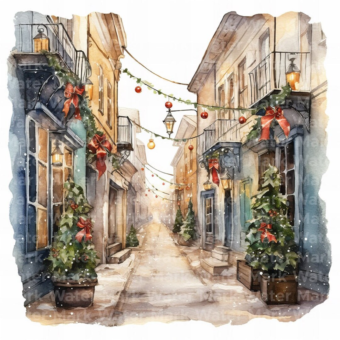 Watercolor Christmas Street Clipart: Winter Townscape (digital Download ...