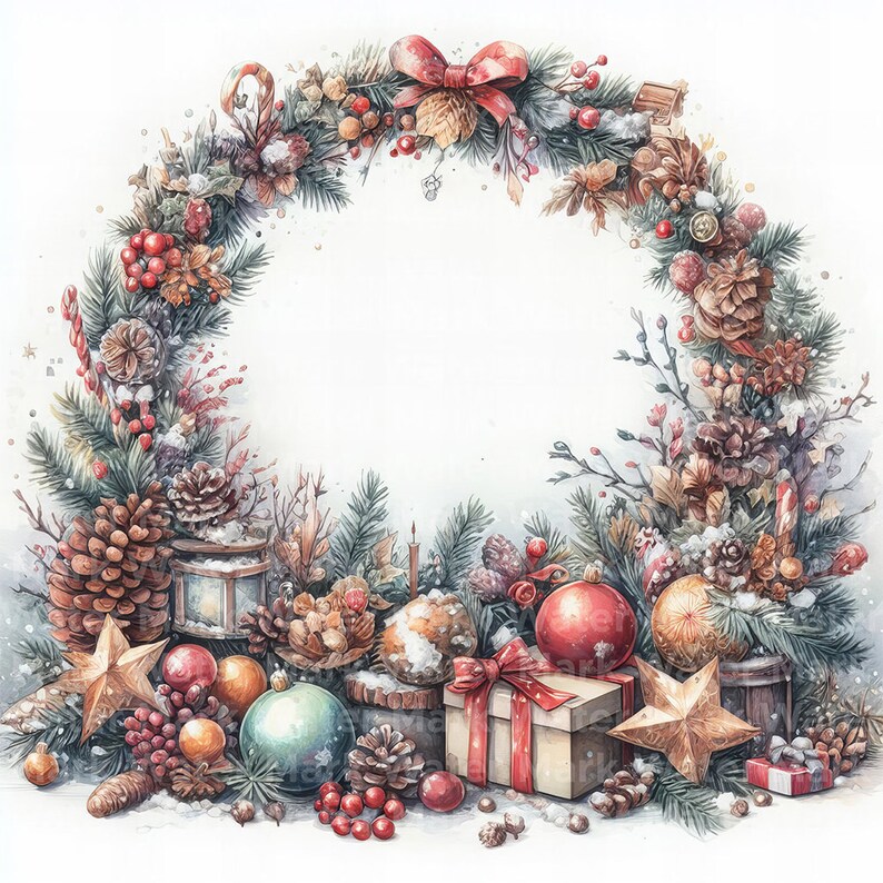 Watercolor Christmas Wreath Clipart: Holiday Card Making (digital ...