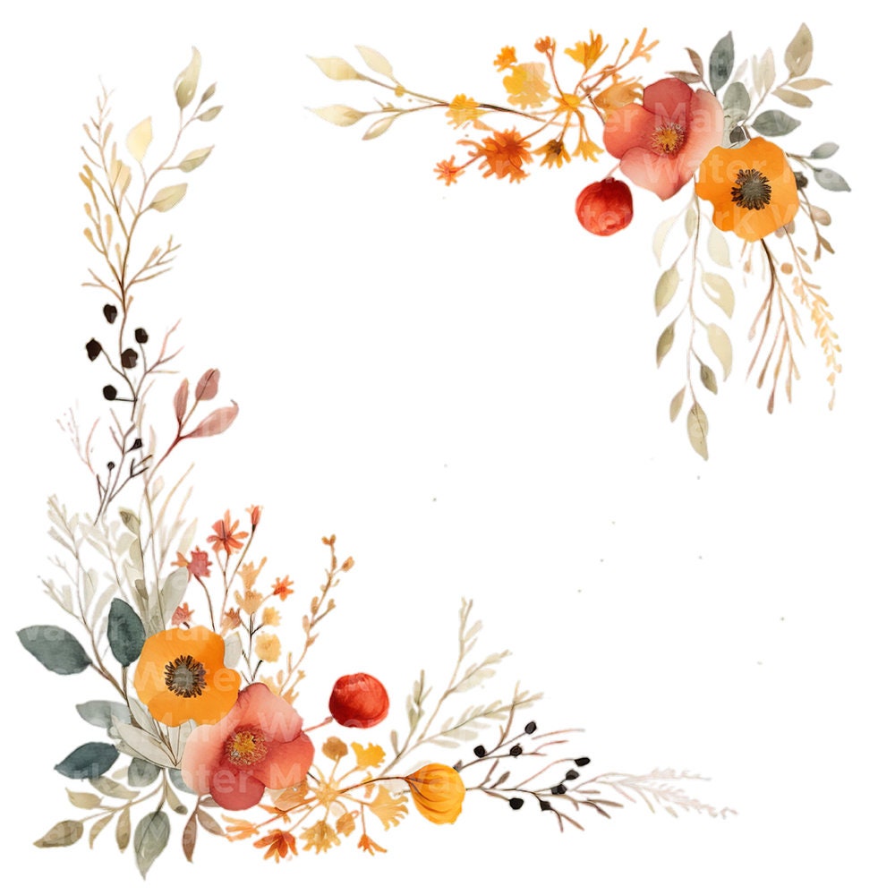 Watercolor Flower Frame Clipart: Autumn Floral Border (digital Download ...